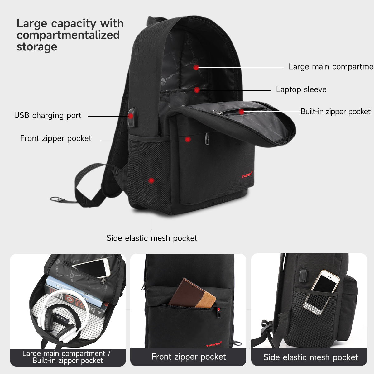 USB Charging Laptop Backpack with Compartmentalized Storage - TIGERNU T ...